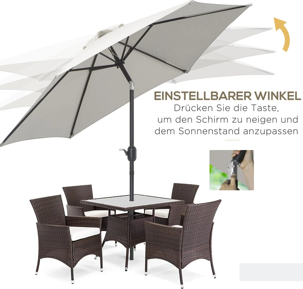 Outsunny Hliníkový Zahradní Slunečník Ø260x235 cm Sklopný Zahradní Parasol s Kličkou a 6 Kovovými Tyčemi pro Venkovní Terasu a Balkon Krémový