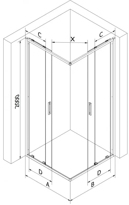 Mexen Exo, čtvercový sprchový kout s posuvnými dveřmi 70x70 cm, 6mm čiré sklo, černý profil, 8111-070-070-70-00
