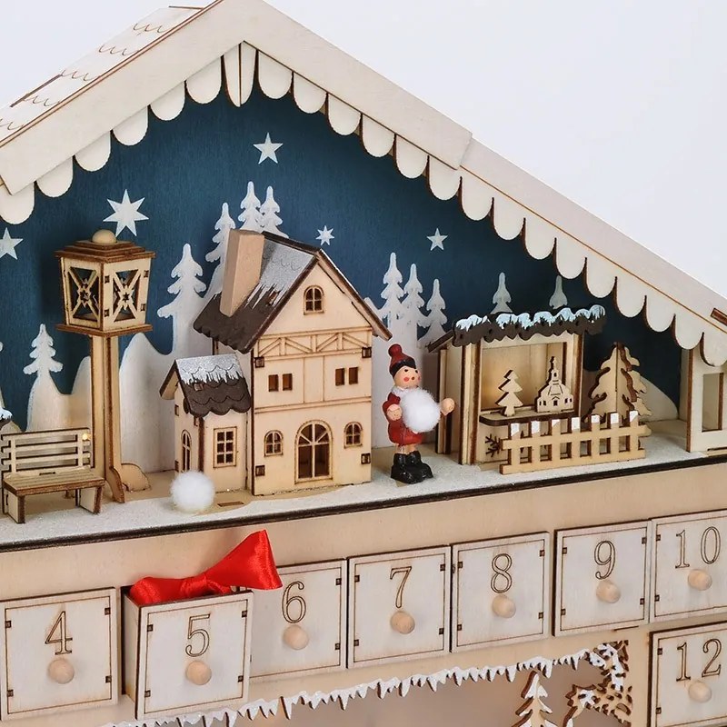 SOLIGHT LED adventní kalendář Horská chata, 10x LED, 50x40cm, 2x AA