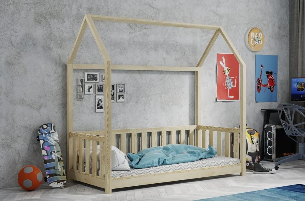 Dětská domečková Montessori postel z masivu borovice PAVEL - 200x90 cm - PŘÍRODNÍ BOROVICE