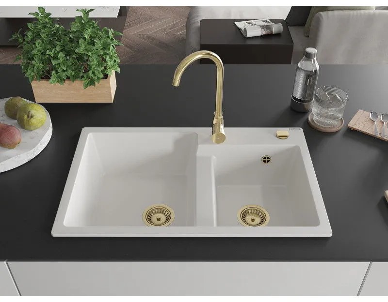 Mexen Tomas, granitový dřez 800x500x190 mm, 2-komorový a zlatá baterie Telma, bílá, 6516-20-670200-50