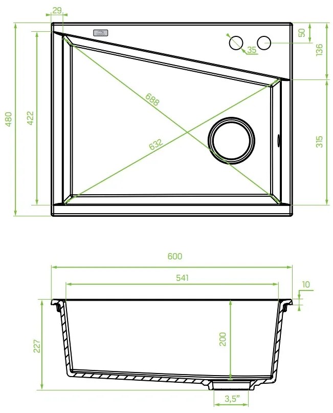 Laveo Grenada, 1-komorový granitový dřez 600x480x227 mm, šedá, LAV-SBG_510T
