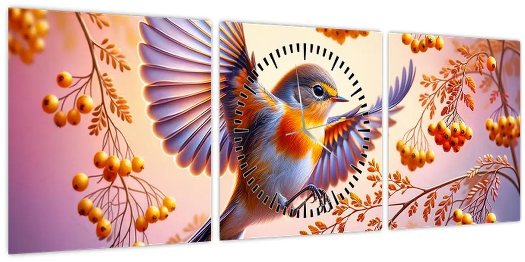 Obraz - Pták s Jeřabinou (s hodinami) (90x30 cm)