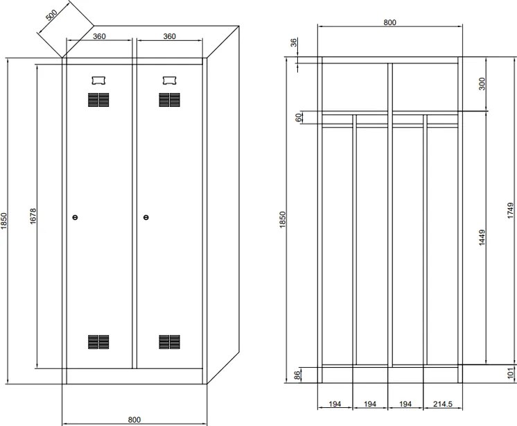 Kovová šatní skříňka S1 s mezistěnou, 2 oddíly, 1850 x 800 x 500 mm, cylindrický zámek, červené dveře