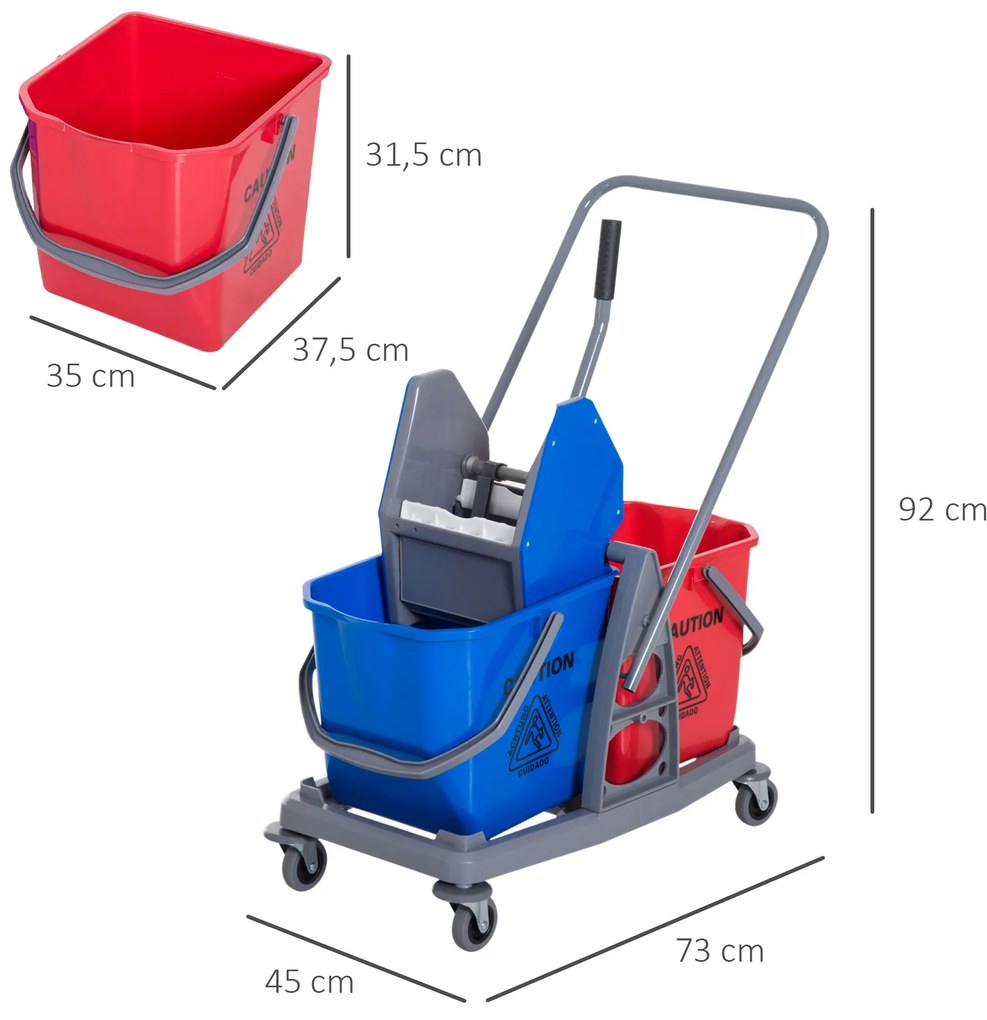 HOMCOM Úklidový vozík se 2 kbelíky a 4 kolečky, kov/PP, modrý/červený, 73x45x92cm pro efektivní úklid| Aosom