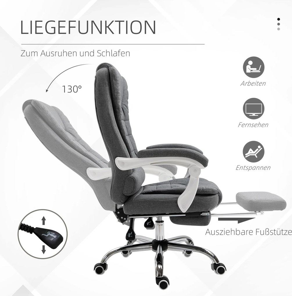 Kancelářská židle Vinsetto ergonomická kancelářská židle se sklopnou podnožkou, výškově nastavitelná a sklopná, kovově šedá pro pohodlí v domácí kanc…