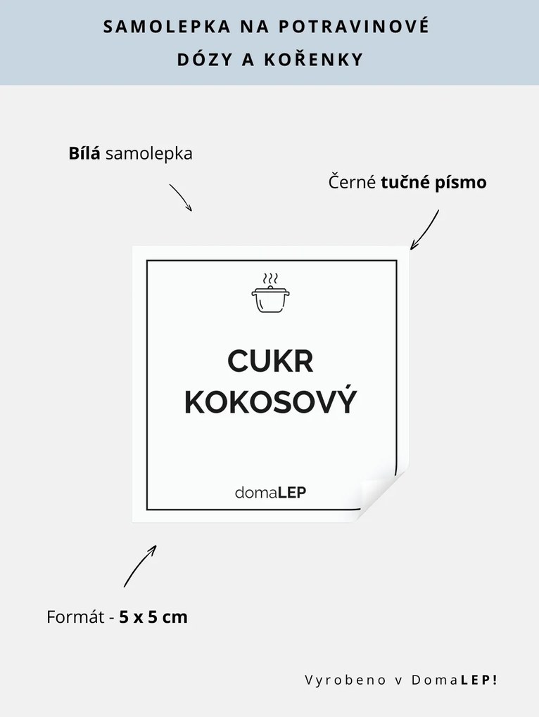 Samolepka na dózu CUKR KOKOSOVÝ – bílá, 5 × 5 cm, tučné písmo