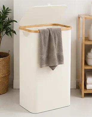 koš na prádlo, objem 60 l, s víkem, oxford/bambus, 66x41x22 cm, béžová/přírodní, Dekorino KP20260010