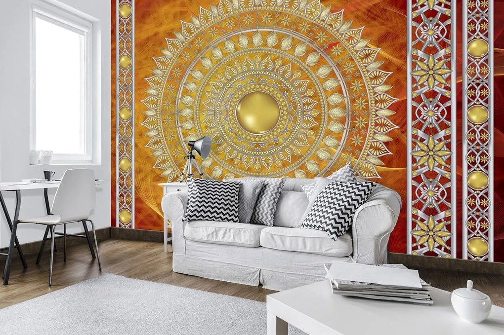 Fototapeta - Zlatá mandala v červené (152,5x104 cm)