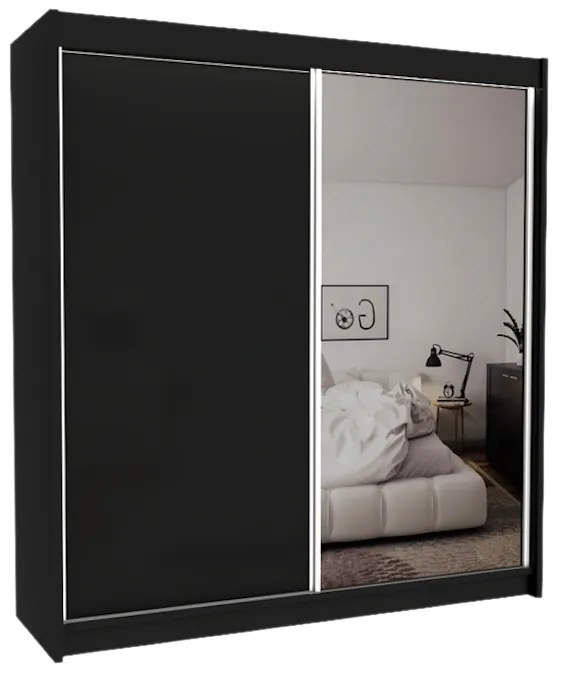 Skříň s posuvnými dveřmi a zrcadlem PATTI, černá,200x216x61