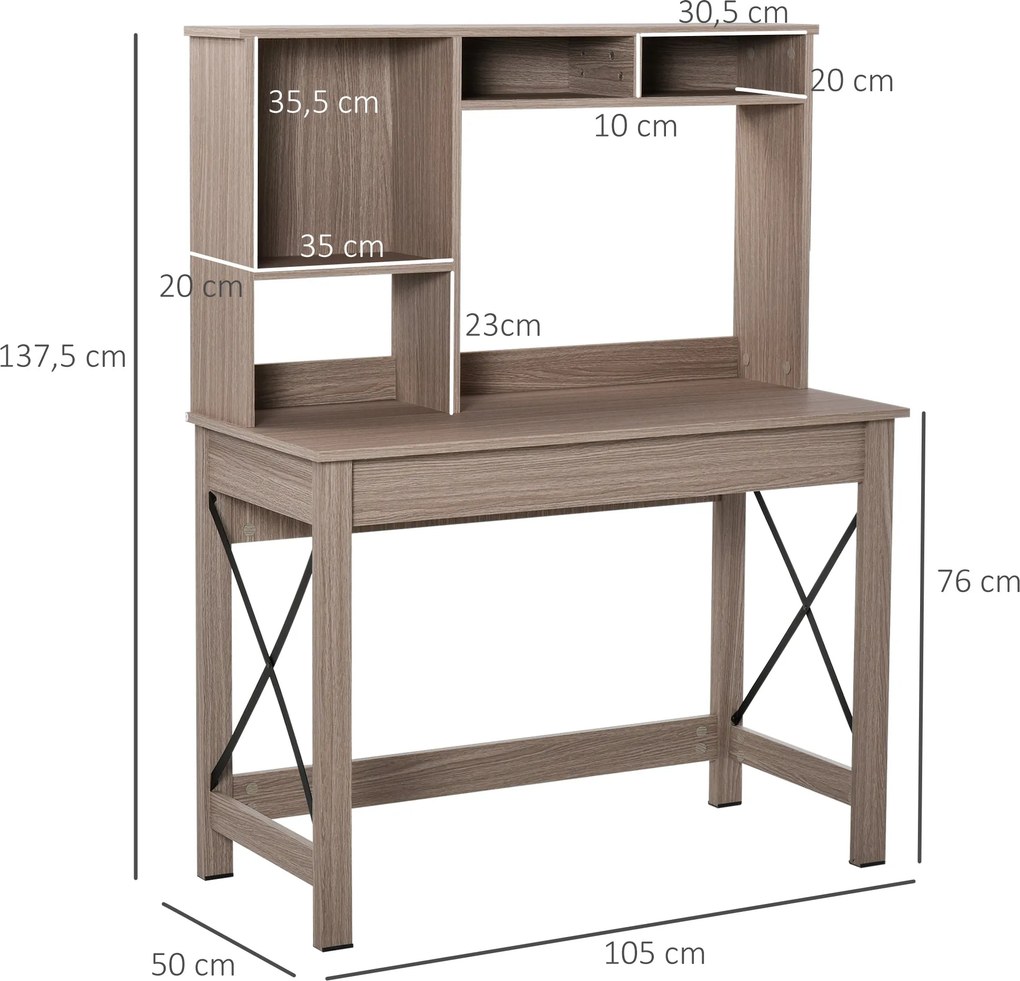 HOMCOM Stůl s úložným regálem Moderní dřevěný stůl s policemi a velkou pracovní plochou pro malé prostory Kancelář Ložnice, 105 x 50 x 137,5 cm, Svět…