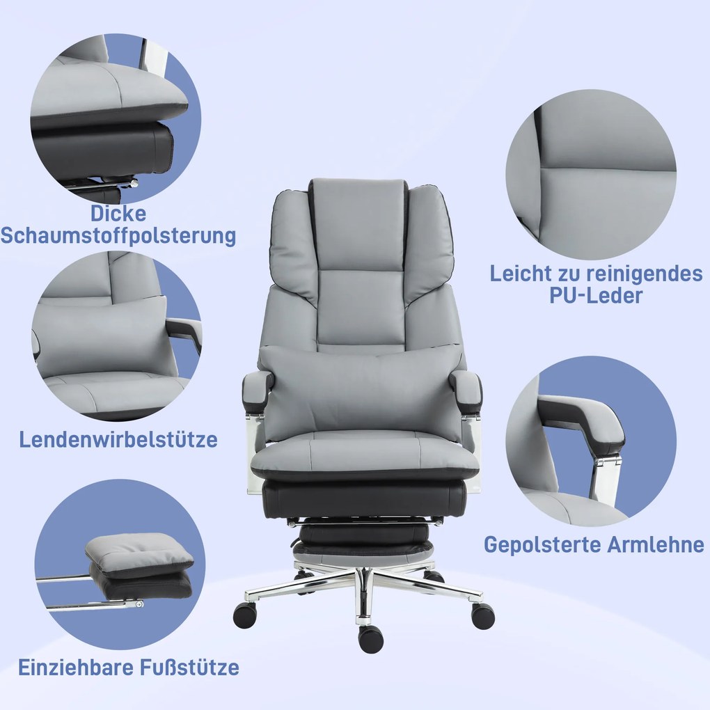 Kancelářská židle HOMCOM s houpací funkcí, nosnost 180 kg, ergonomická, 160° sklopný opěrák, koženka, 63Š x 71D x 123-129V cm, světle šedá