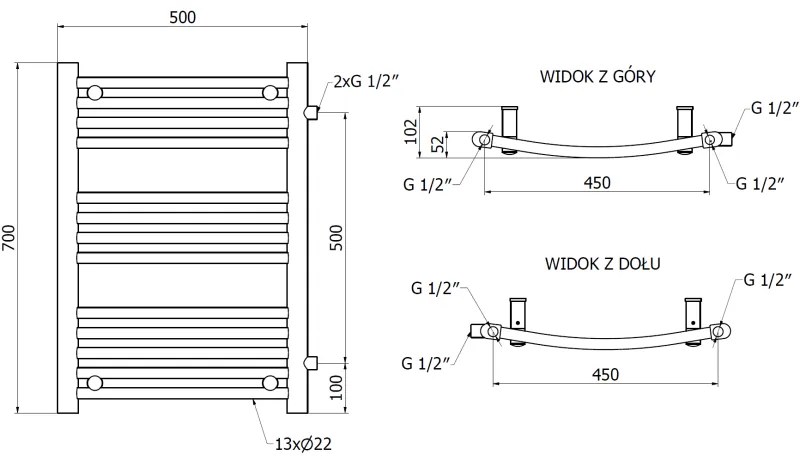 Mexen Ares, topné těleso 700 x 500 mm, 286 W, boční pravé a spodní připojení, černá, W102-0700-500-00-70-S