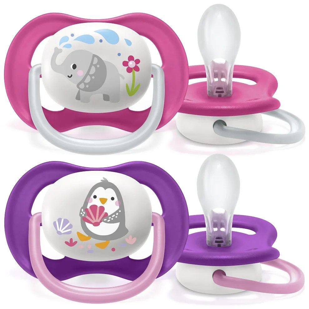 AVENT Dudlík Ultra Air Animals, 6-18m - Slon/tučňák, růžový/lila