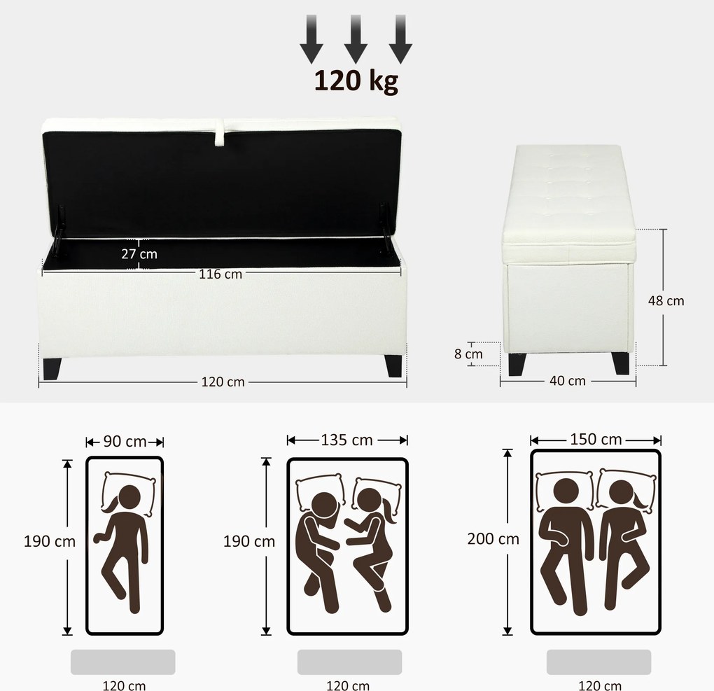 HOMCOM úložná lavice 112L, lavice z lněné látky, polstrované sedadlo, 120 x 40 x 48 cm, krémová