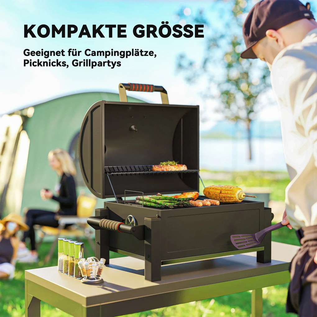 Gril na dřevěné uhlí Outsunny s víkem, pro 3-6 osob, s větracím otvorem, rukojetí, teploměrem, žáruvzdorný, 68,5 x 50 x 54 cm, černý | Aosom