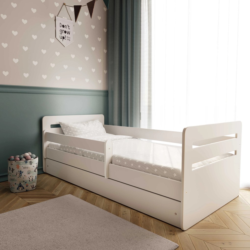 Benlemi Bílá postel pro děti TOMI s bočnicí Zvolte rozměr: 80x140 cm, Zvolte matraci: Pěnová matrace, Zvolte šuplík: Se šuplíkem