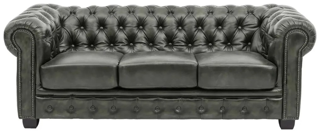 furniture-nabytek.cz - Masivní třímístná pohovka Chesterfield z pravé kůže, zelená – 200×90×72 cm