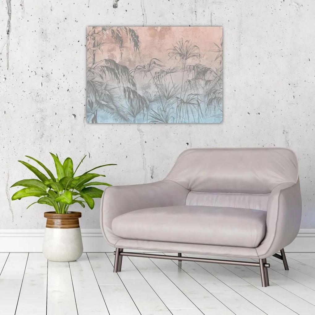 Skleněný obraz - Tropické rostliny na zdi (70x50 cm)