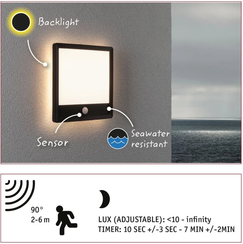 P 94665 LED venkovní panel Lamina vč. pohybové čidlo IP44 hranaté 250x250mm 3000K 14,5W 230V černá umělá hmota - PAULMANN