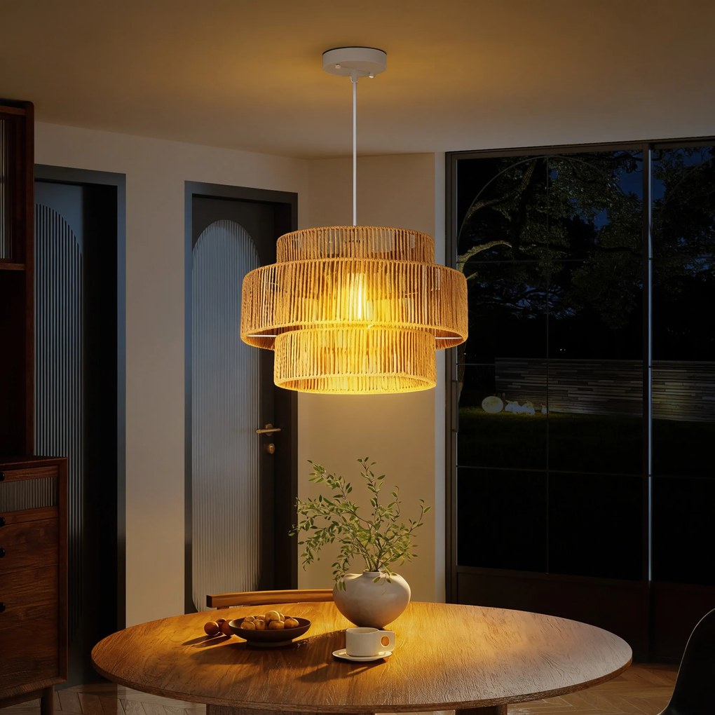 HOMCOM Závěsná lampa, 3stupňové stínidlo, kov, konopné lano, světle hnědá B31-521V00LR