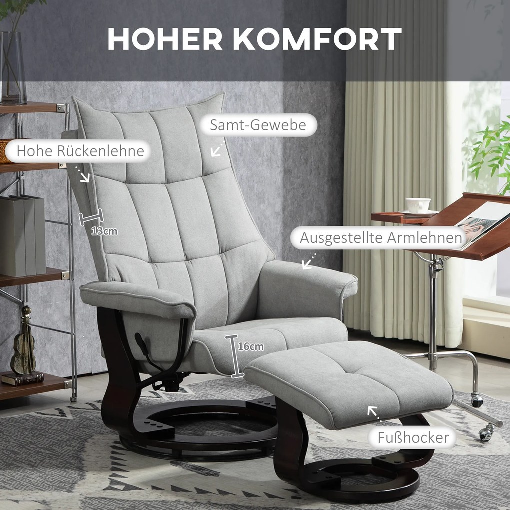 HOMCOM Relaxační křeslo s taburetem, otočné TV křeslo s funkcí polohování, houpací funkce, polohovací křeslo s dvouvrstvým vysokým opěradlem, sametov…
