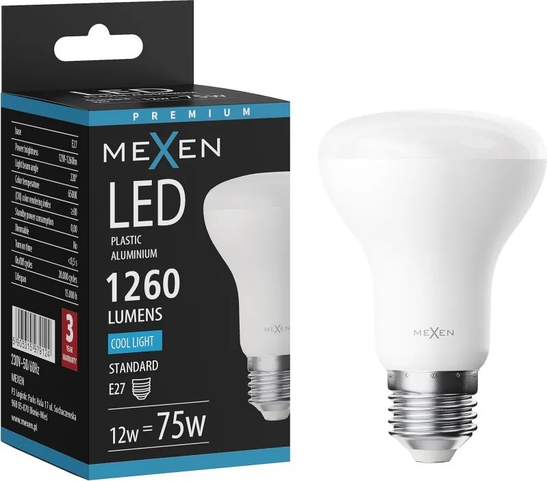 Mexen Nova, LED žárovka E27, R63, 12W, Studená - 6500K, 1260 lm - L104-E27-1265-01