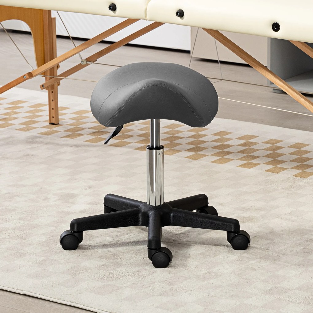HOMCOM Pojízdná stolička, sedlo ve tvaru sedla, výškově nastavitelná, otočná o 360°, umělá kůže, šedá, 48 x 47 x 45-59 cm