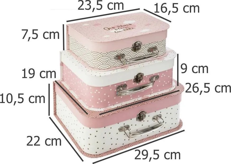 Dětské kufříky, lepenkové, růžové, 3 kusy