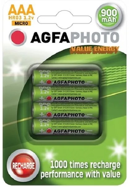 AgfaPhoto Nabíjecí NiMH mikrotužková baterie AAA-HR03 1,2V/900mAh/blistr 4ks