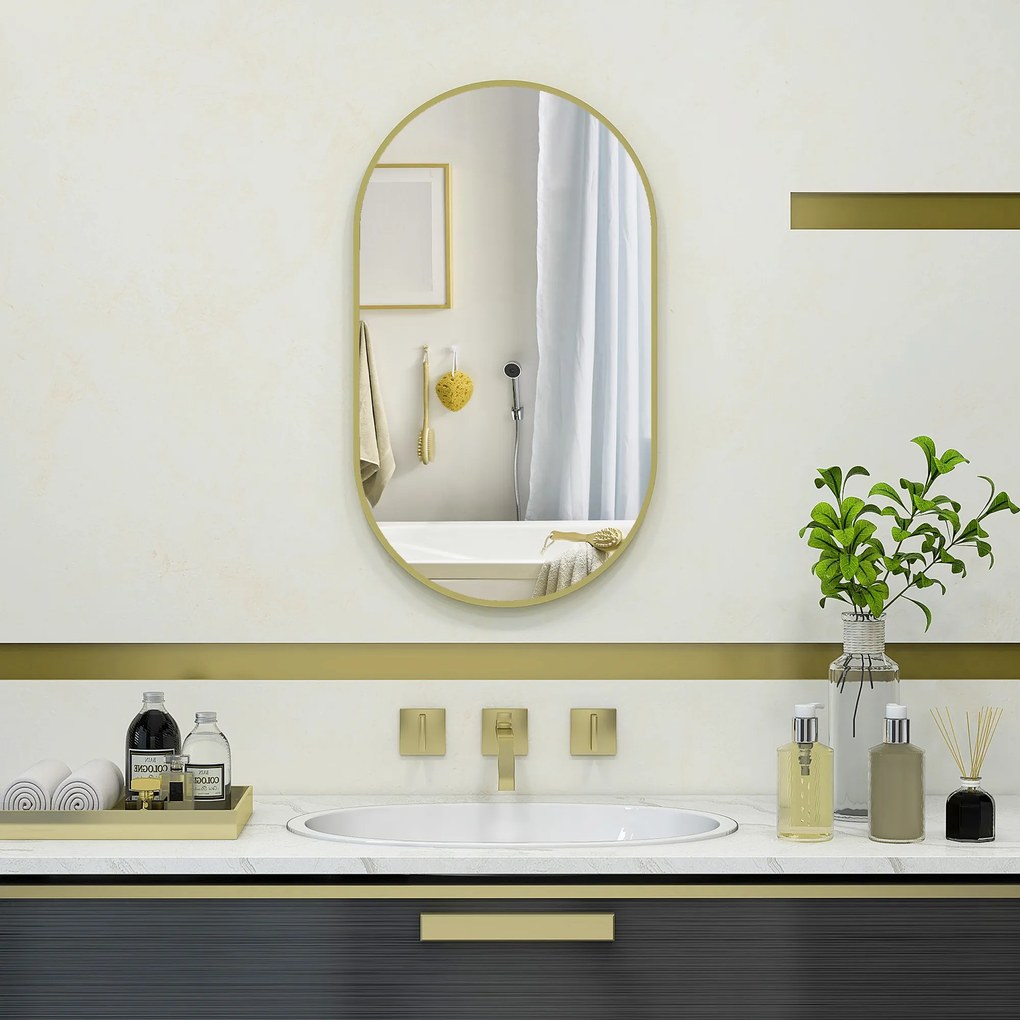 HOMCOM Oválné zrcadlo do koupelny 40x70 cm s hliníkovým rámem Dekorativní nástěnné zrcadlo Horizontální nebo vertikální pro obývací pokoj, vstup nebo…