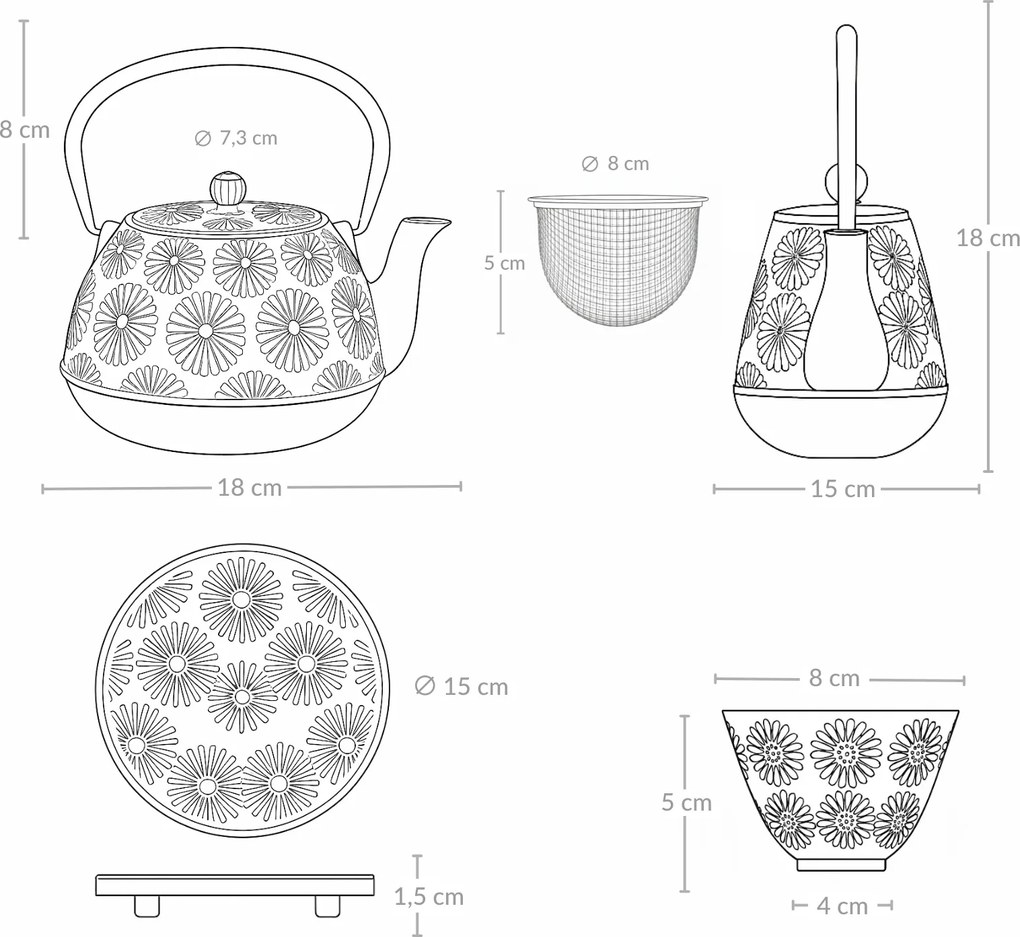 Litinová konvice s šálky a podstavcem KOGA, 1200 ml, šedá