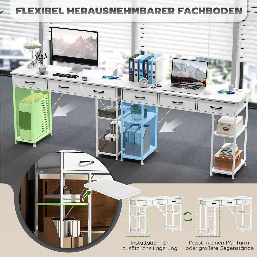 HOMCOM Psací stůl / kuchyňský stůl s 2 USB nabíjecími porty, 2 zásuvky, nastavitelné police, 3 látkové zásuvky, 120 x 40 x 76 cm, bílý