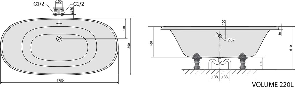 Polysan REGATA volně stojící vana 175x85x61cm, nohy bronz, bílá 10121