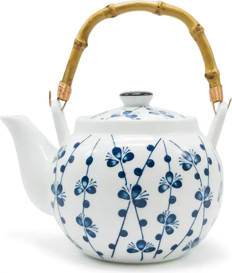Porcelánová konvice Třešňové květy, 700 ml – motiv sakury, bambusové ucho, nerezové sítko