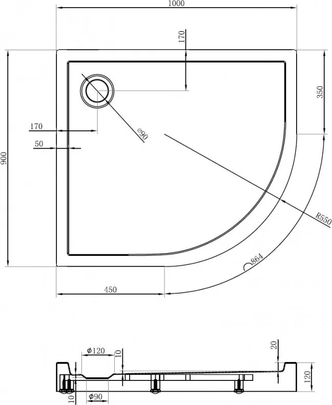 Mexen Flow+, čtvrtkruhová asymetrická sprchová vanička, levá, 100 x 90 cm, černá matná, 46Q709010LH