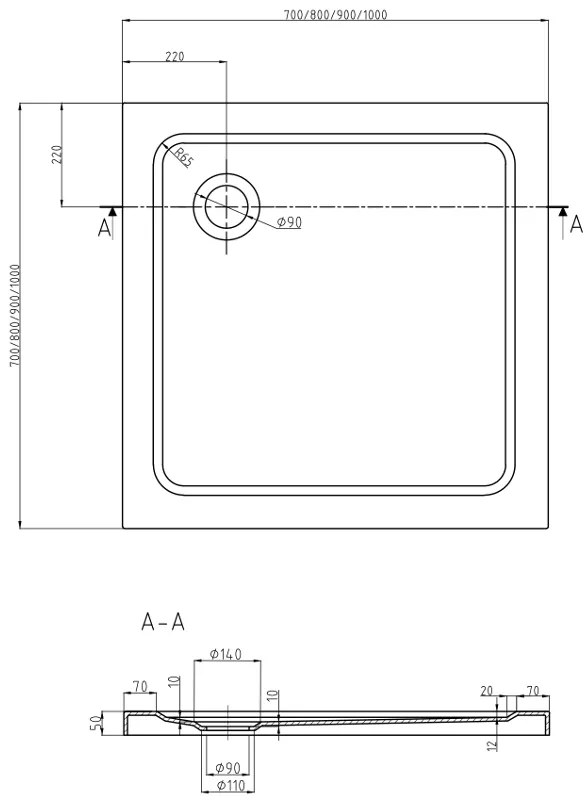 Mexen Rio, čtvercový sprchový kout s posuvnými dveřmi 70 (dveře) x 70 (dveře) x 190 cm, 5mm čiré sklo s pásky, černý profil + bílá sprchová vanička SLIM, 860-070-070-70-20-4010B