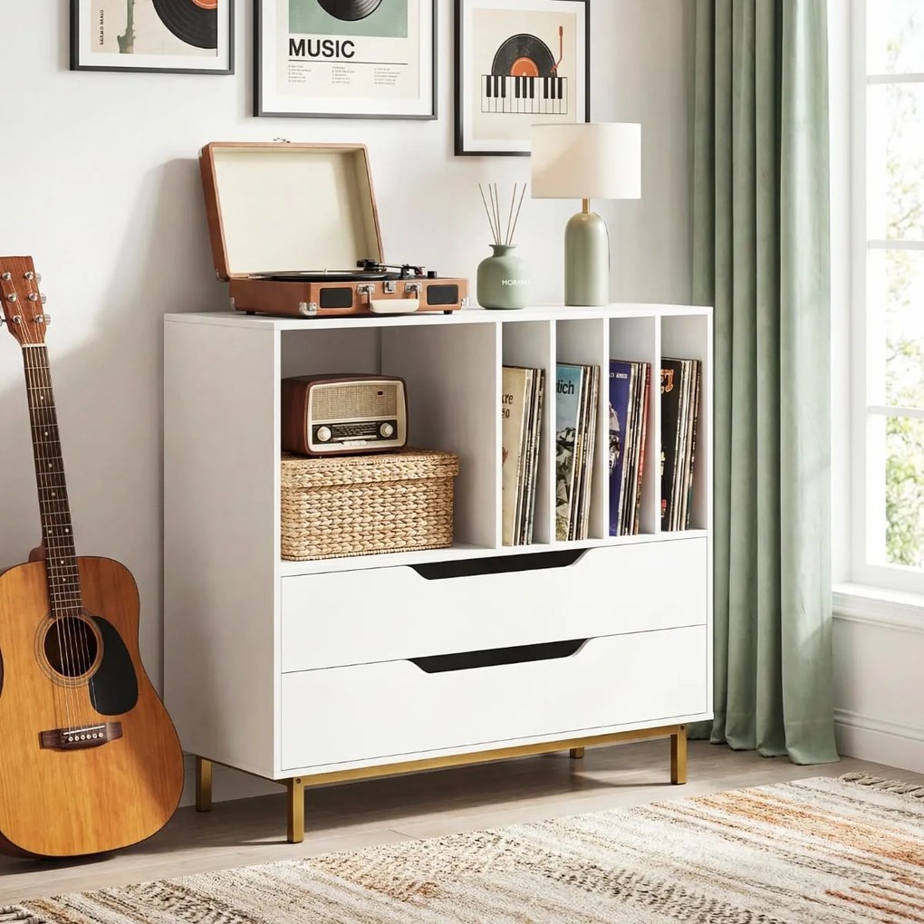 Costway Stojan na gramofon s 4 vinylovými přihrádkami a 2 zásuvkami Retro