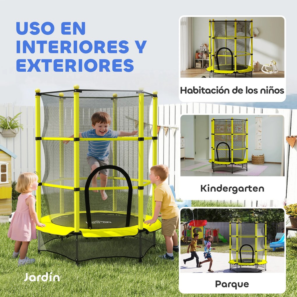 HOMCOM dětský trampolína Ø140 cm pro děti 3-10 let s bezpečnostní sítí, nosnost 50 kg, do interiéru i exteriéru, žlutá