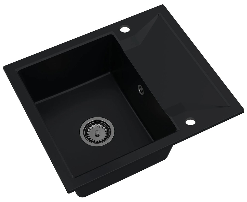 Sink Quality Obsidian, kuchyňský granitový dřez 590x500x210 mm + černý sifon, černá, SKQ-OBS.C.1KKO.XB