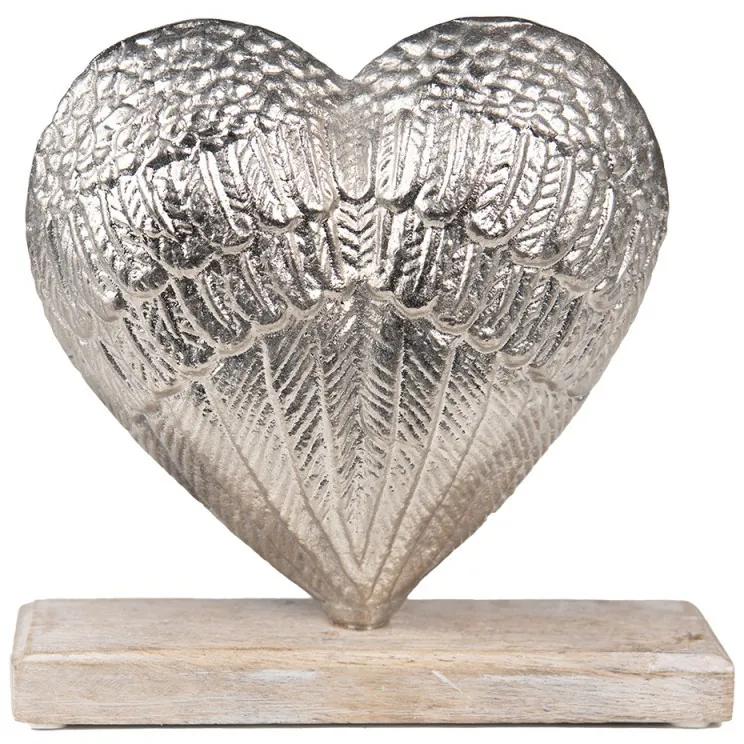 Dekorace stříbrné antik kovové srdce na dřevěném podstavci  - 13*5*13cm