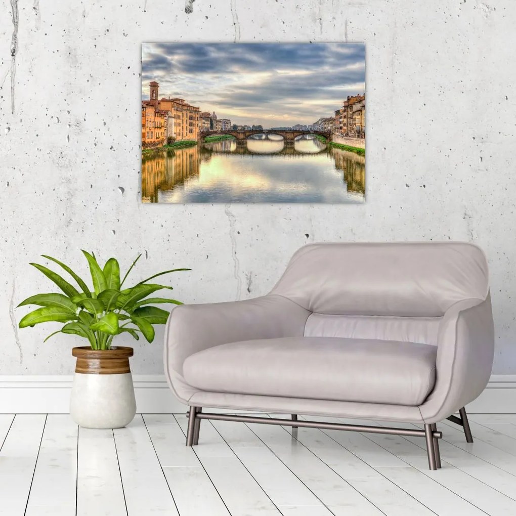 Skleněný obraz města s řekou (70x50 cm)