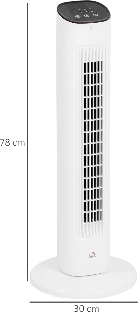 85° oscilační věžový ventilátor s dálkovým ovládáním 3 rychlosti 2 režimy časovač LED displej 30x30x78 cm Bílá