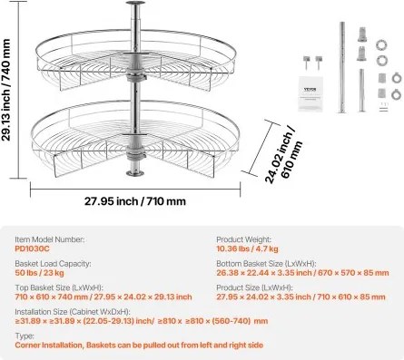 71,1 cm dvoupatrový chromový rohový organizér ve tvaru ledvinky Lazy Susan skříňová