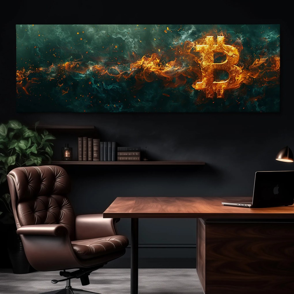 Obraz na plátně - Bitcoin in Fire Emerald FeelHappy.cz Velikost obrazu: 240 x 80 cm