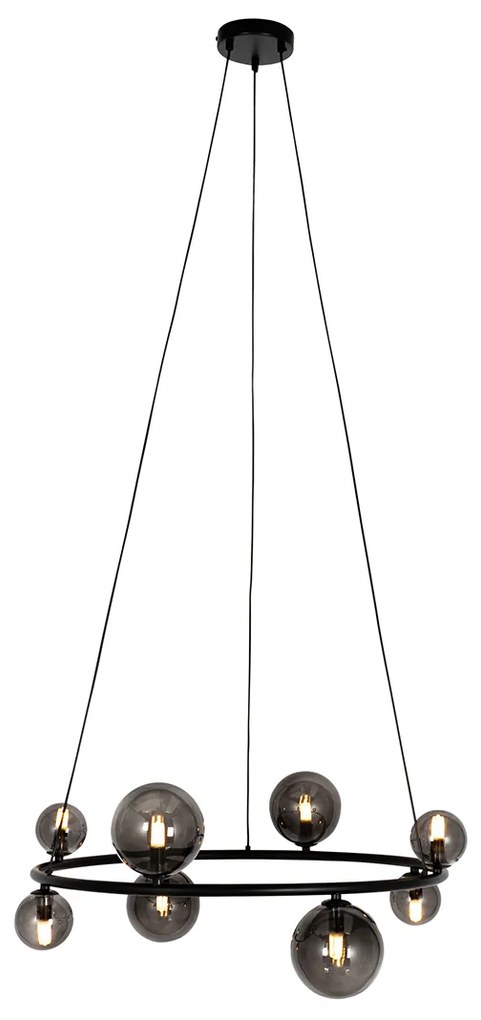 Černé závěsné svítidlo s kouřovým sklem kulaté 8-světlo - Monaco