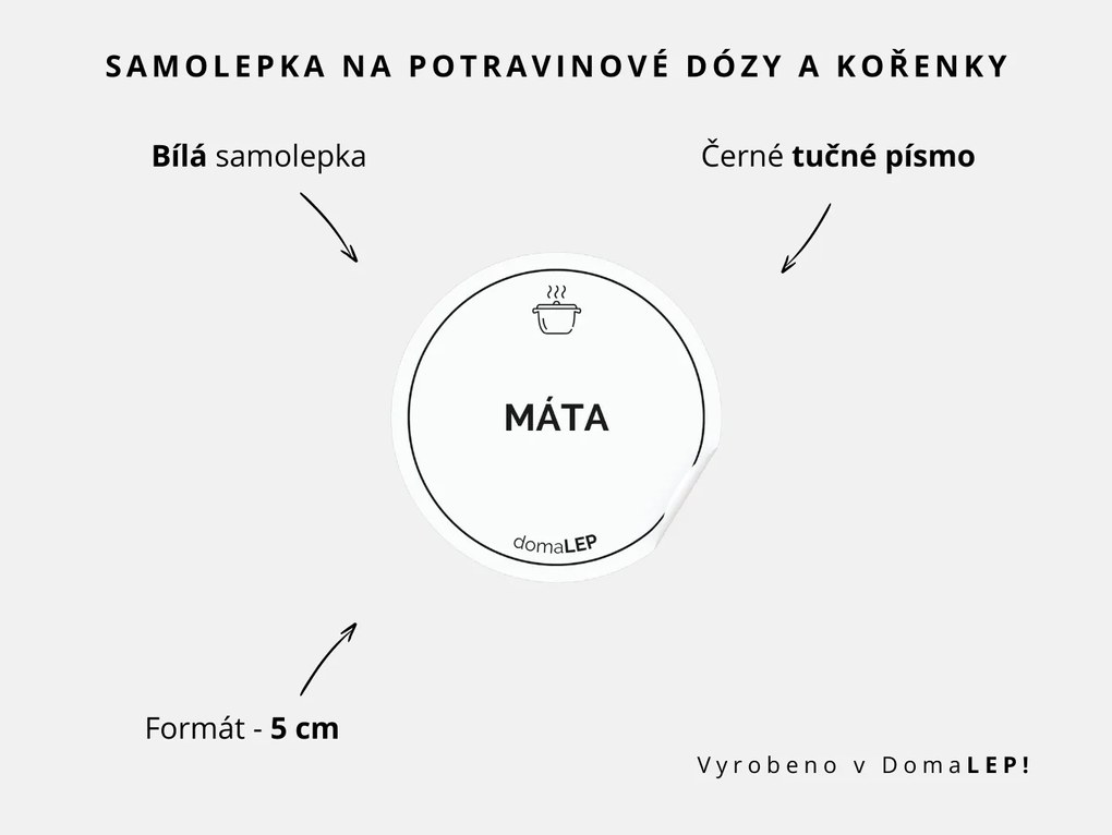 MÁTA - omyvatelná samolepka na kořenky, výběr rozměrů Ø 5 cm / 5 x 5 cm / 6 x 8 cm | DomaLEP tvar: OBDÉLNÍK, barva: BÍLÁ - ČERNÉ písmo, velikost: š. 6 cm x v. 8 cm - tučné písmo