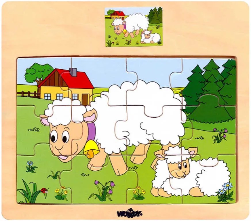 WOODY DŘEVO Puzzle na desce Zvířátka domácí s mláďátky 6 druhů 93010