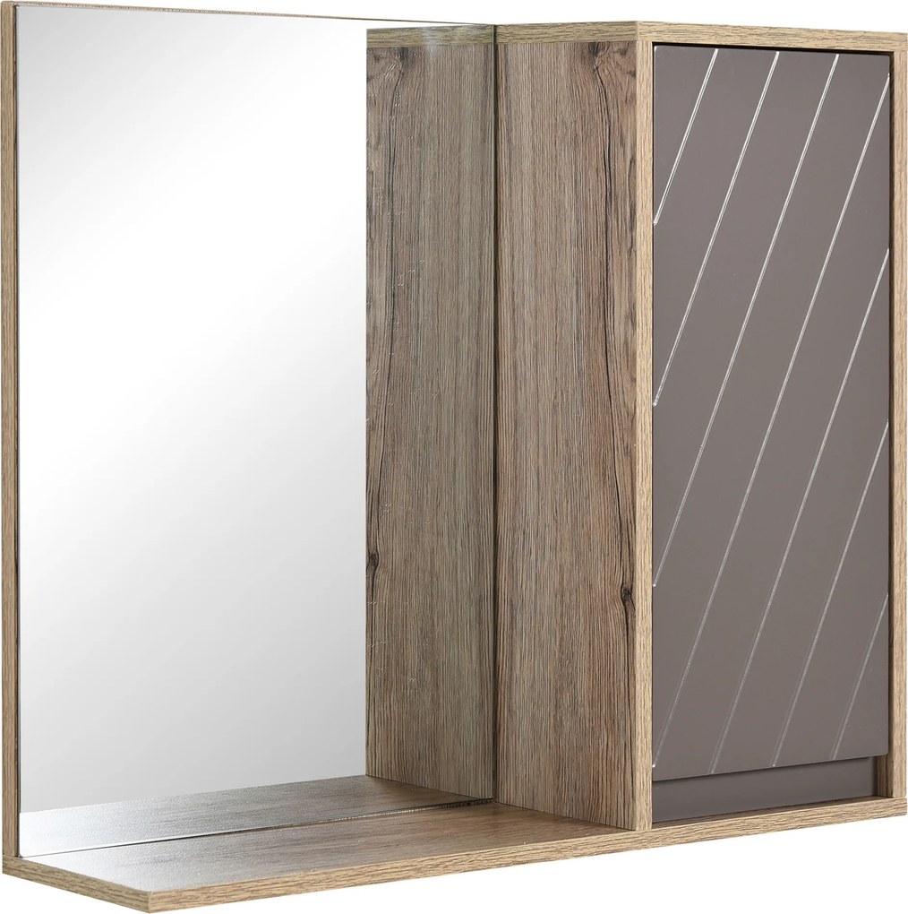 HOMCOM Koupelnová skříňka se zrcadlem, nástěnný pomocný nábytek s 1 dveřmi a nastavitelnou policí, moderní styl 57x14,2x49,2 cm, dubová a šedá