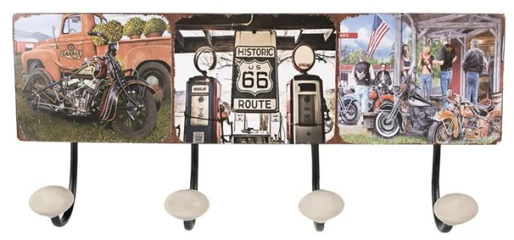 Nástěnný kovový věšák se 4-mi háčky Route 66 – 40x7x18 cm